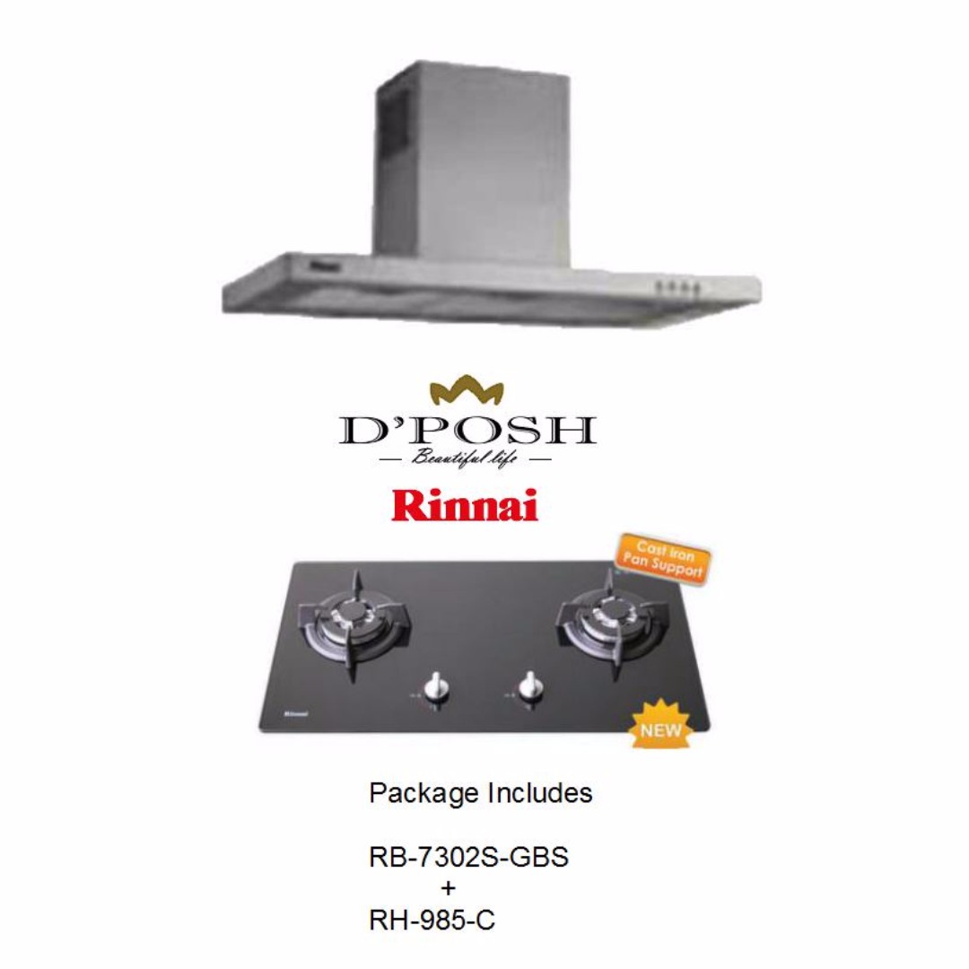 Rinnai-RH-985C-Chimney Hood With RB-7302-GBS-Glass Hob, TV & Home Appliances, Kitchen Appliances ...