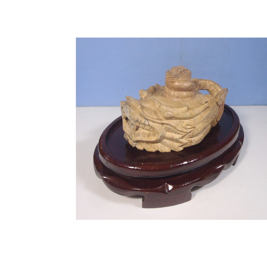 Antique soapstone hand carved teapot rarely seen on display wood stand ...