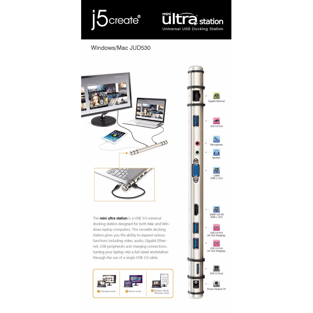 J5 Create JUD530 USB 3.0 Mini Ultra Universal USB Docking Station for ...