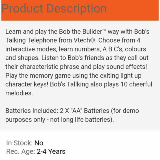 Vtech : Bob the Builder - Bobs Talking Telephone, Hobbies & Toys, Toys ...