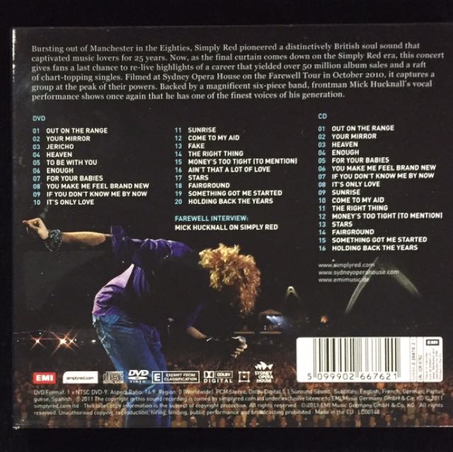 Simply Red - Farewell - Live In Concert At Sydney Opera House CD + DVD ...