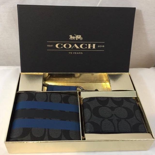 NEW COACH Men 3-in-1 Signature Wallets ID Key Fob Gift Box Charcoal ...