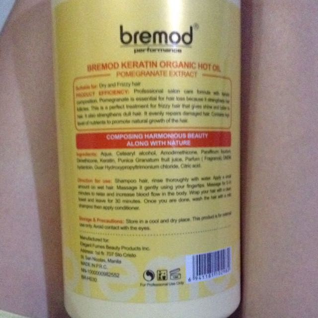 Bremod Keratin Organic Hot Oil 1000 mL, Beauty & Personal Care, Bath ...