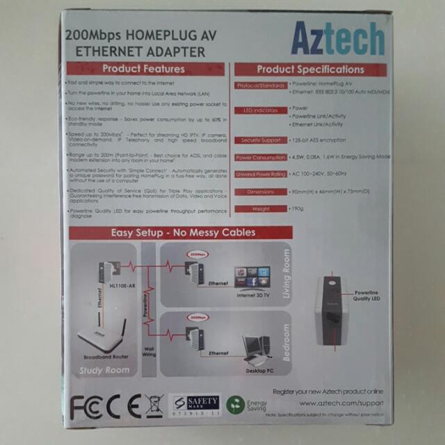 Aztech 200Mbps Homeplug AV Ethernet Adapter, Computers & Tech, Parts ...
