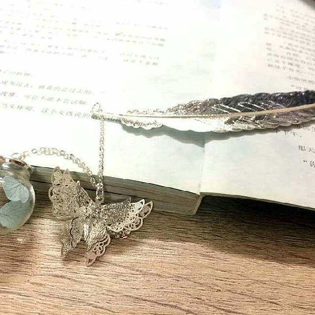 Silver Feather Bookmark With Butterfly And Blue Flower, Hobbies & Toys ...