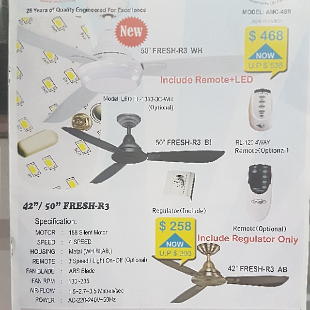 Amasco Ceiling Fan Fresh-R3 42" 50", Furniture, Others on Carousell