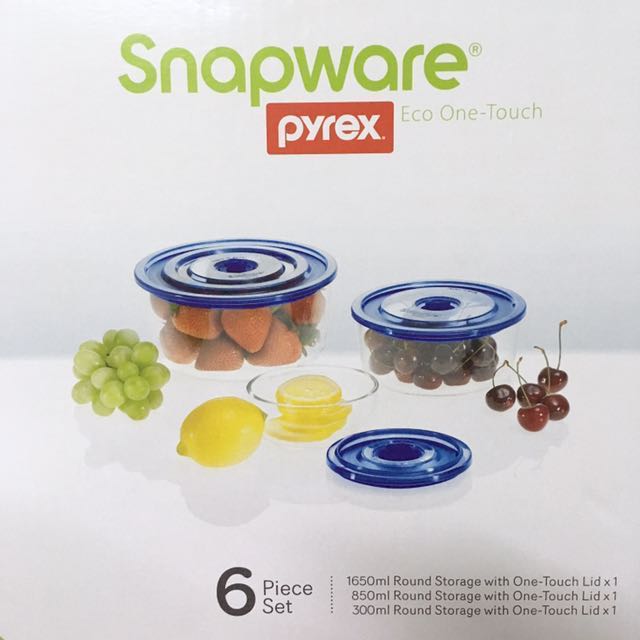 美國Snapware Pyrex康寧密扣Eco One-touch三件組氣壓式玻璃保鮮盒 6 Piece Set 廚房用具, 傢俬＆家居, 廚具和餐具, 餐具和餐具 - Carousell