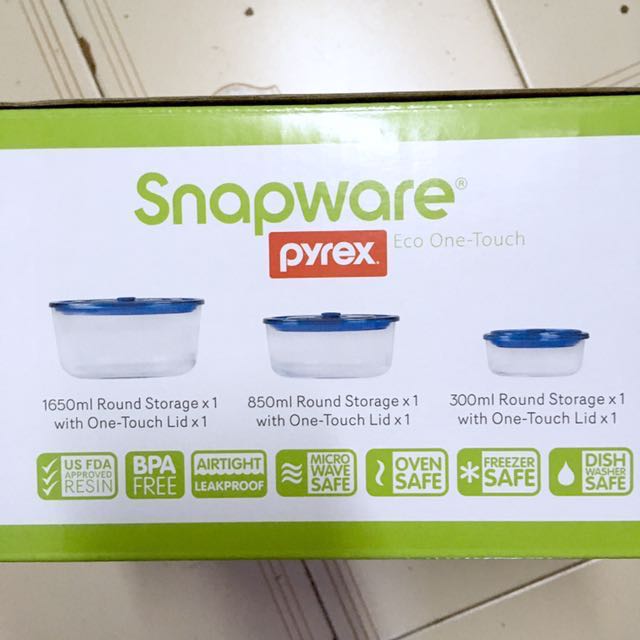 美國Snapware Pyrex康寧密扣Eco One-touch三件組氣壓式玻璃保鮮盒 6 Piece Set 廚房用具, 傢俬＆家居, 廚具和餐具, 餐具和餐具 - Carousell