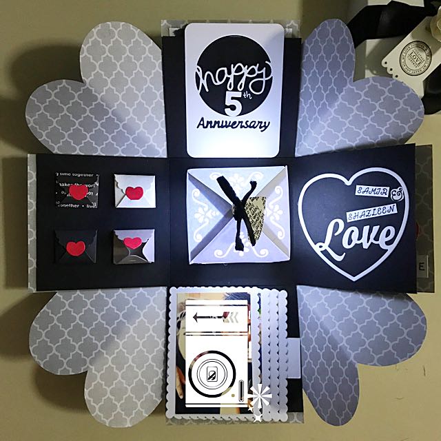 Happy 5th Anniversary Explosion box card in black grey and white theme, Design & Craft, Handmade ...