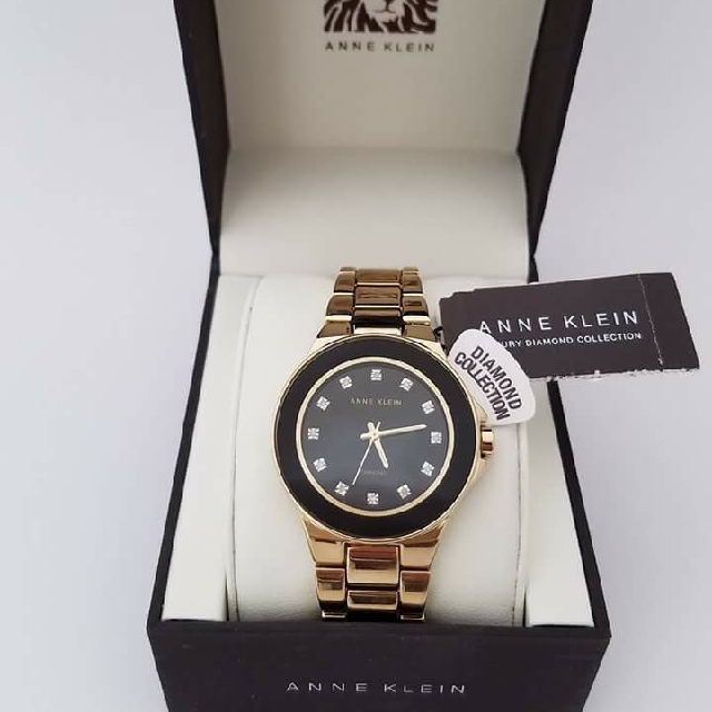Authentic ANNE KLEIN Diamond Collection Gold Tone And Black Round Watch ...
