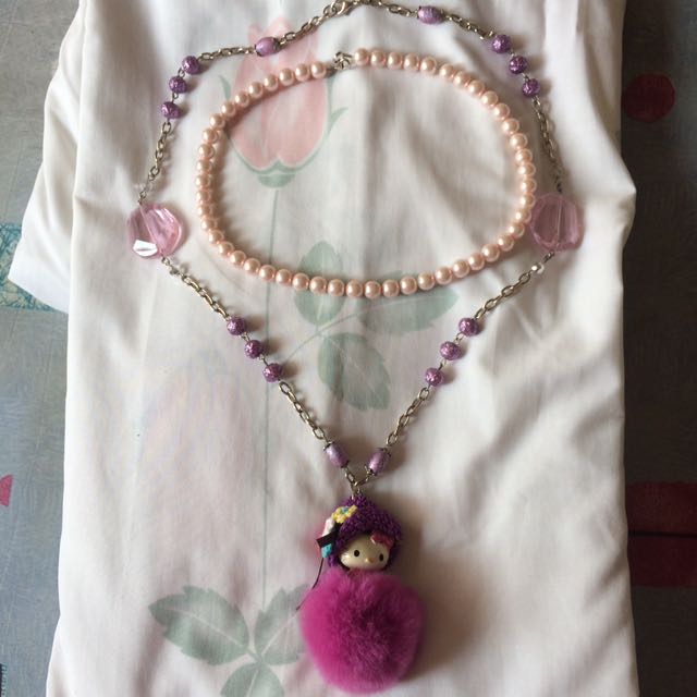 Purple Hello Kitty Fluffy Necklace with Pearl Choker, Women's Fashion ...