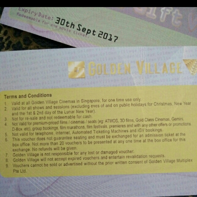 Golden Village Movie Gift Voucher and Concession Gift Voucher, Tickets ...