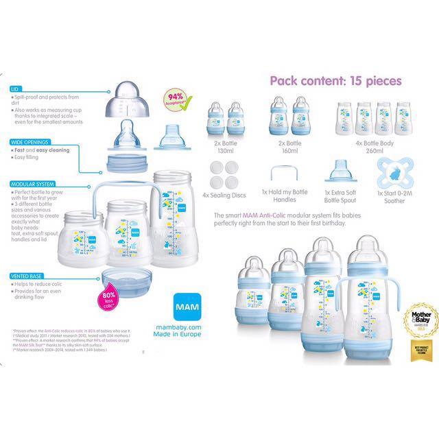 MAM Anti-Colic 15pcs Bottle Starter Set (Blue), Babies & Kids, Nursing & Feeding, Weaning ...