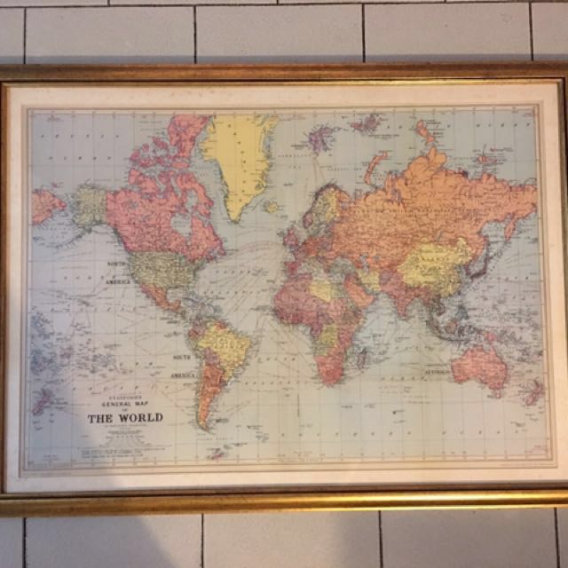 World Map (Gold frame with glass) 80cm x 59cm, Furniture & Home Living ...