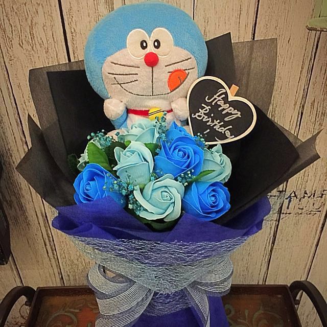 Bouquet-Authentic Doraemon with scented roses and dried flowers bouquet ...