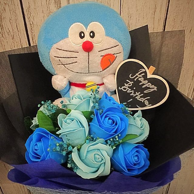 Bouquet-Authentic Doraemon with scented roses and dried flowers bouquet ...