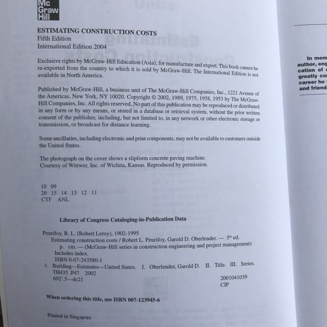 McGraw Hill Estimating Construction Cost 5th Edition, Hobbies & Toys ...