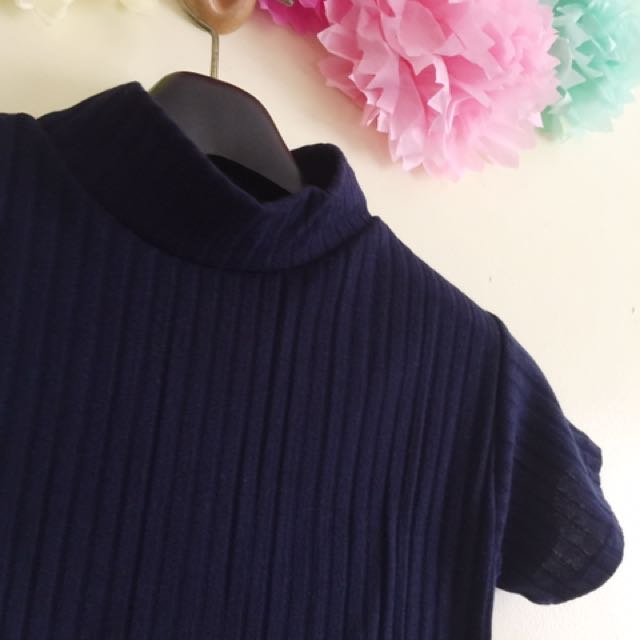 Ribbed Closed neck Top - Navy Blue on Carousell