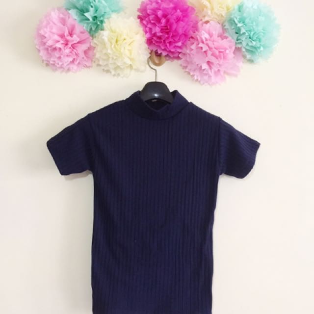 Ribbed Closed neck Top - Navy Blue on Carousell
