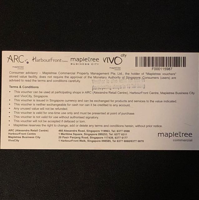 Mapletree vouchers (Vivocity, Harbourfront, ARC, MBC), Tickets ...