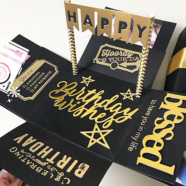 Happy birthday wishes Explosion Box Card in black And Gold, Design ...