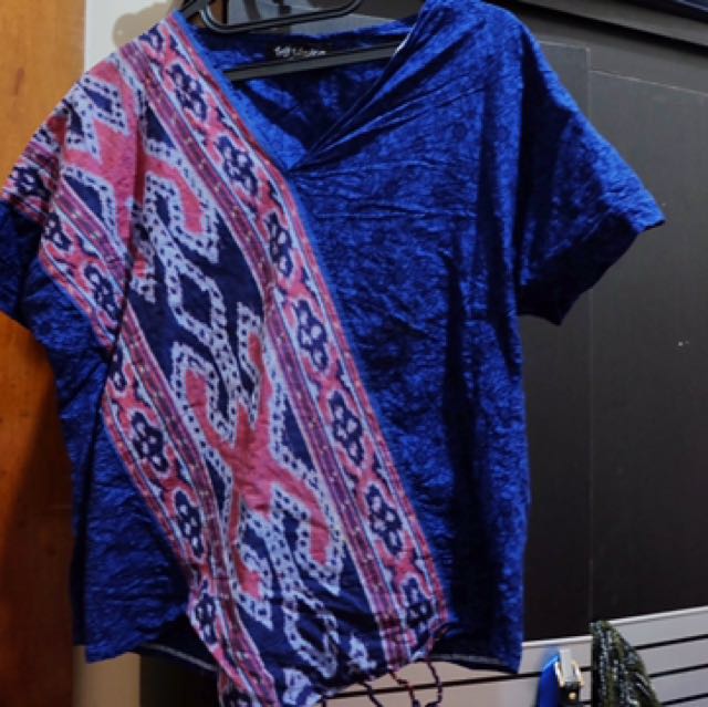 Batik tenun top navy, Fesyen Wanita, Pakaian Wanita di Carousell