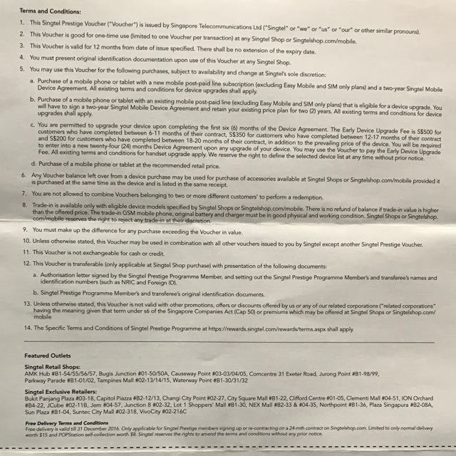 Singtel Recontract Prestige Voucher $170 (Save $40!), Tickets ...