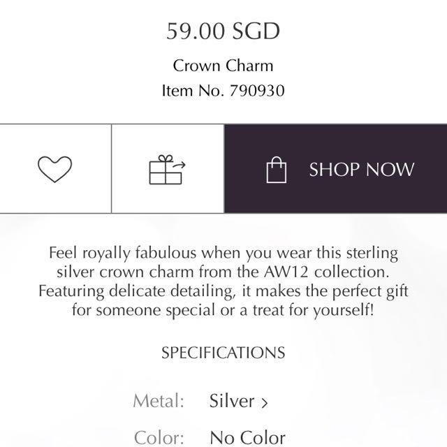 Pandora Crown Charm 790930, Women's Fashion, Jewelry & Organisers ...