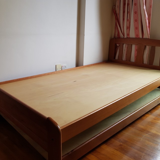 Single wooden bed frame with pull-out second frame, Furniture & Home ...