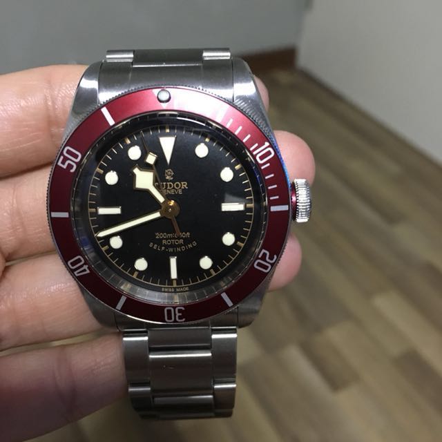 Tudor black bay red (rose logo) reduced price, Luxury, Watches on Carousell