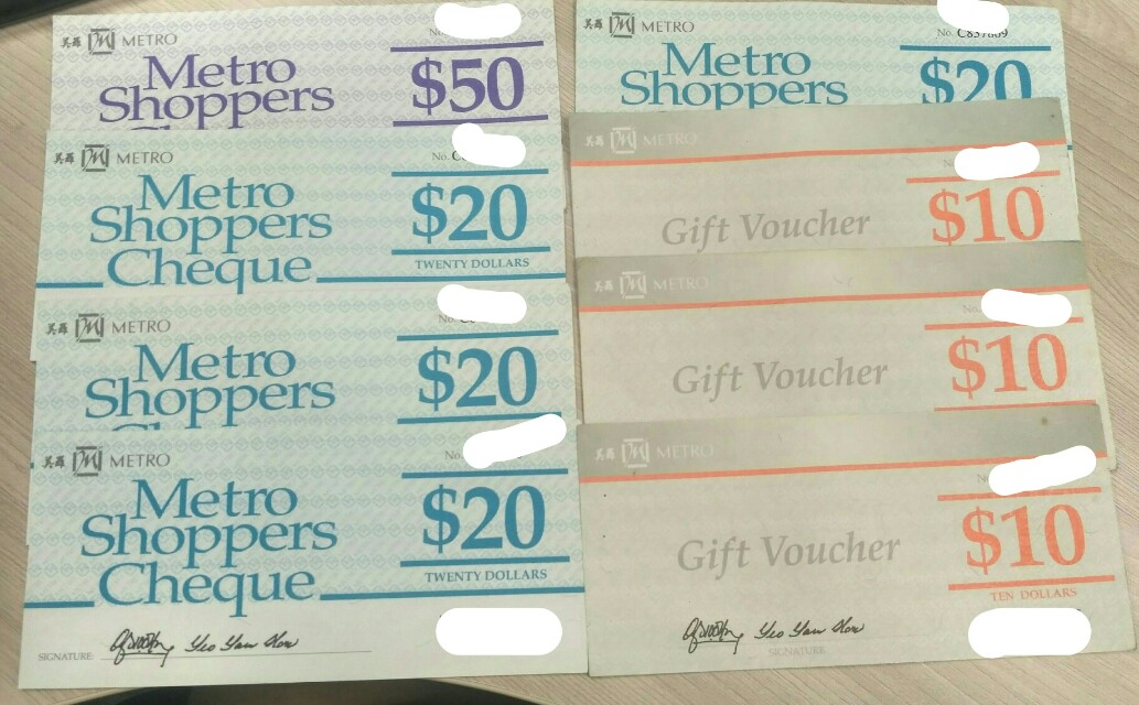 METRO SHOPPERS CHEQUE $130, METRO GIFT VOUCHER $45, TAKASHIMAYA GIFT ...