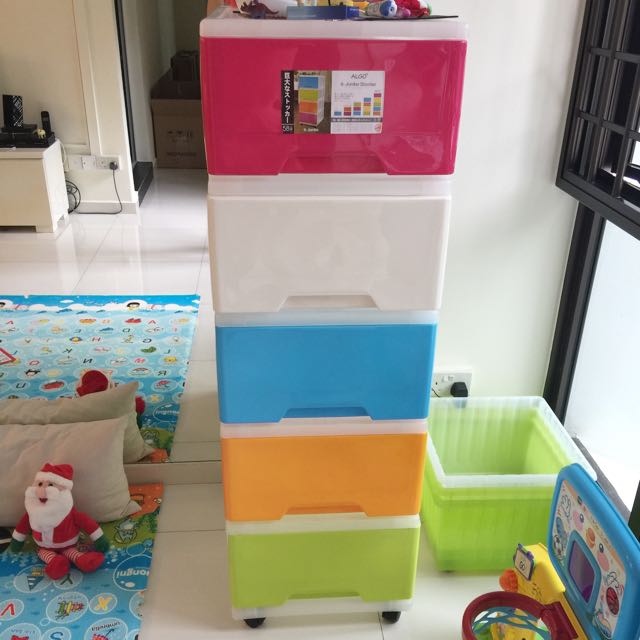 Japanese stackable storage boxes with wheels, Furniture & Home Living ...