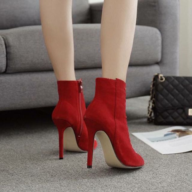 Red peep toe boots heels shoes PRE ORDER, Women's Fashion, Footwear ...
