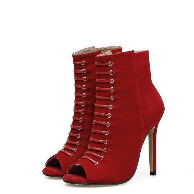 Red peep toe boots heels shoes PRE ORDER, Women's Fashion, Footwear ...