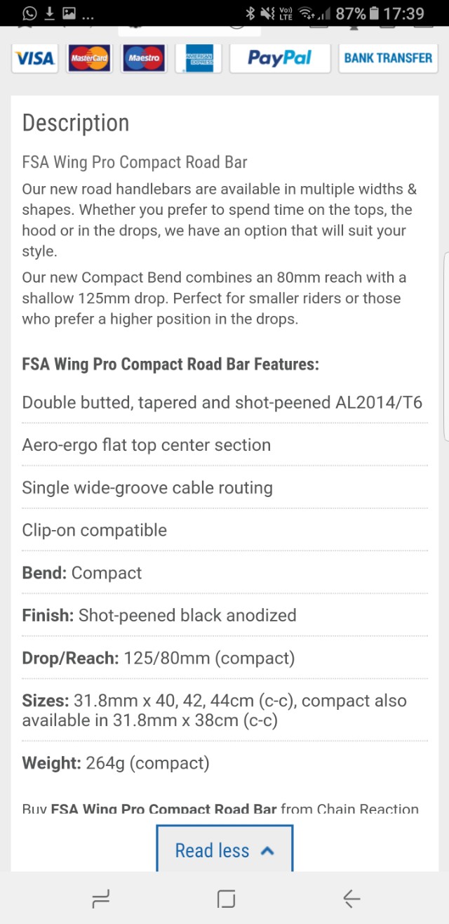 Road bike handlebar dropbar FSA Wing Pro Compact 400mm Handlebar ...