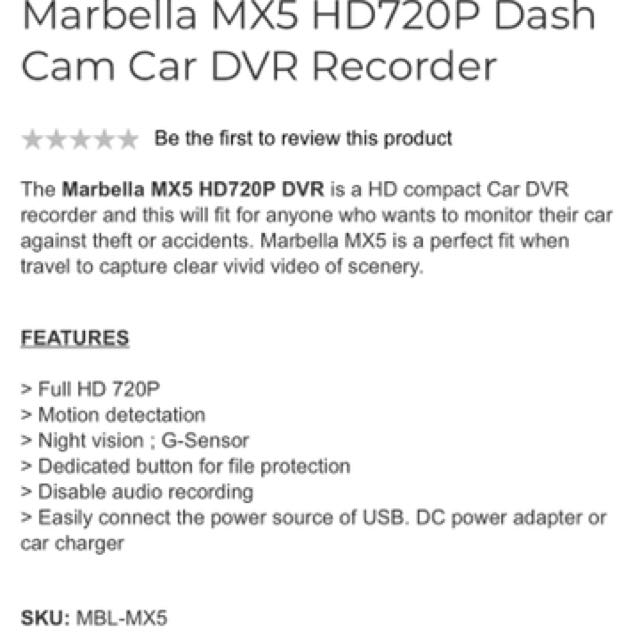 Marbella MX5 HD dash-cam, Auto Accessories on Carousell