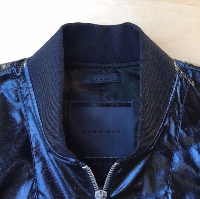 Zara Man Shiny Dark Blue Tech Bomber Jacket - Size Medium, Men's ...