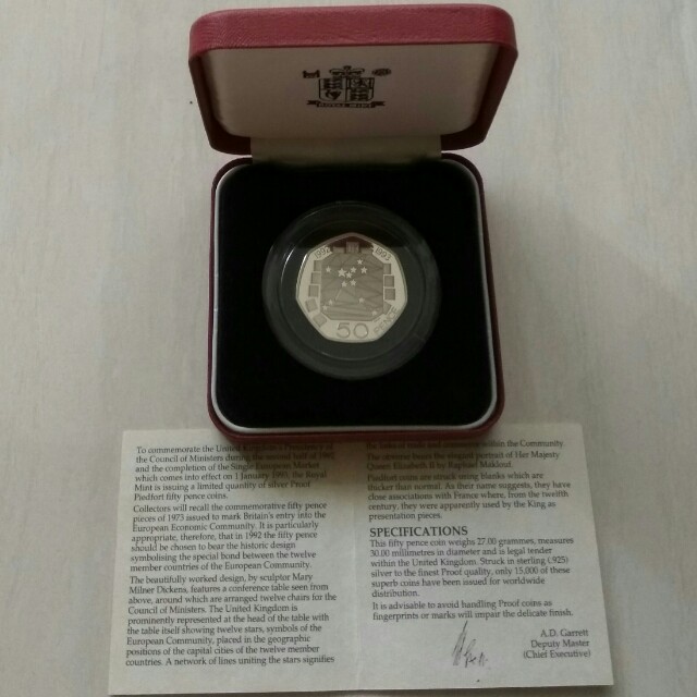 UK 1992-93 50 Pence Silver Proof Piedfort Coin complete with box and ...