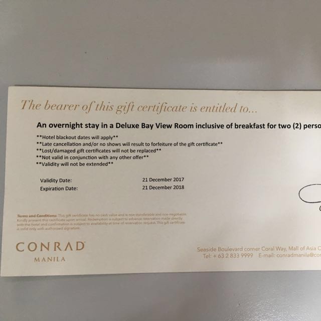 Conrad Hotel Manila Gift Certificate, Tickets & Vouchers, Vouchers on ...