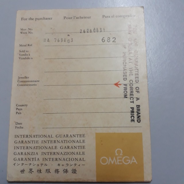 1968 Omega International Guarantee Card., Men's Fashion, Watches ...