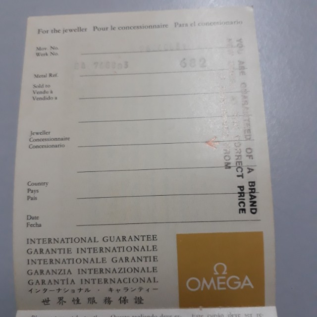 1968 Omega International Guarantee Card., Men's Fashion, Watches ...