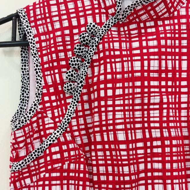 Red and White Checkered Cheongsam with B&W Polka Dots Trimmings, Women ...