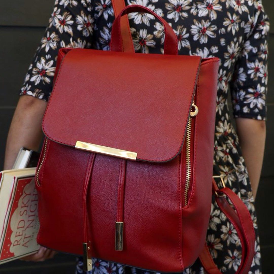 Saffiano Leather Backpack- Maroon, Women's Fashion, Bags & Wallets ...