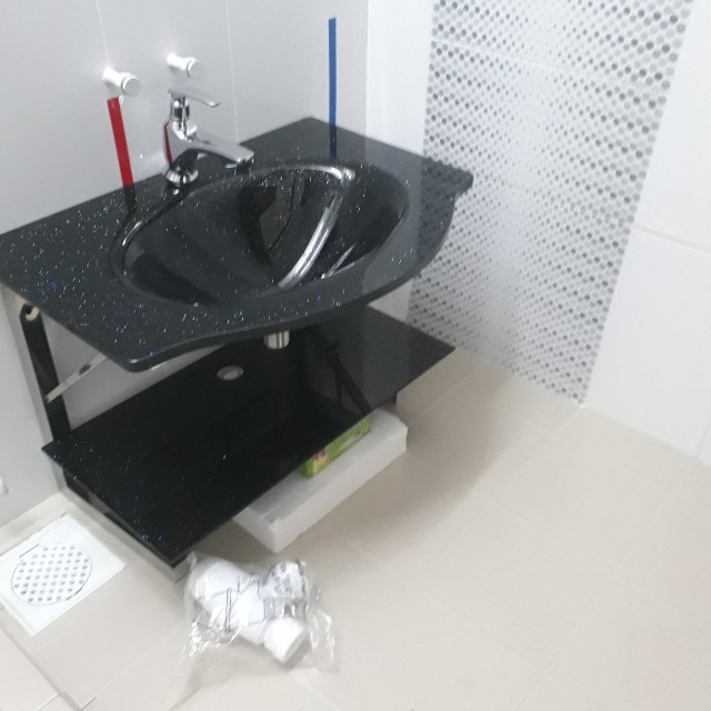 *Price Revised* Glass Top Basin with shelf, Furniture & Home Living ...