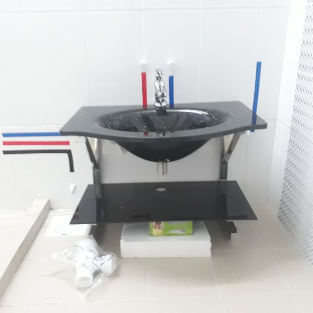 *Price Revised* Glass Top Basin with shelf, Furniture & Home Living ...