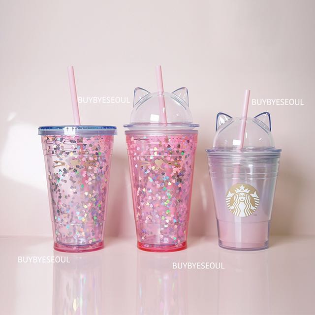 Starbucks korea V-day Cat lid cold cup and cat heart cold cup SET, TV ...