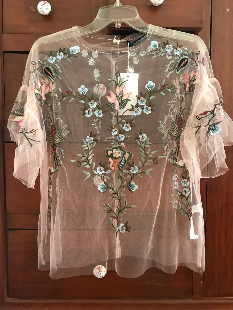 Brand New Zara Inspired Embroidered Mesh Top with Trumpet Sleeves ...