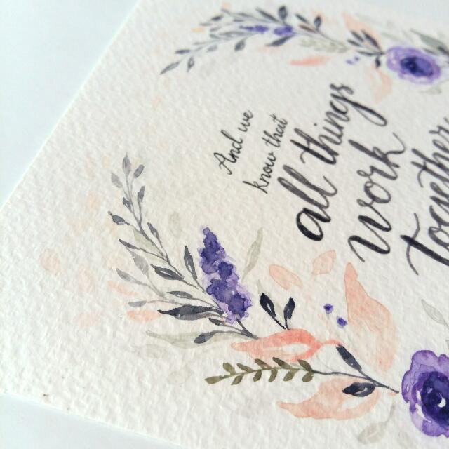 Watercolour Purple / lavender Floral Border Bible Verse Card (Rom 8:28 ...