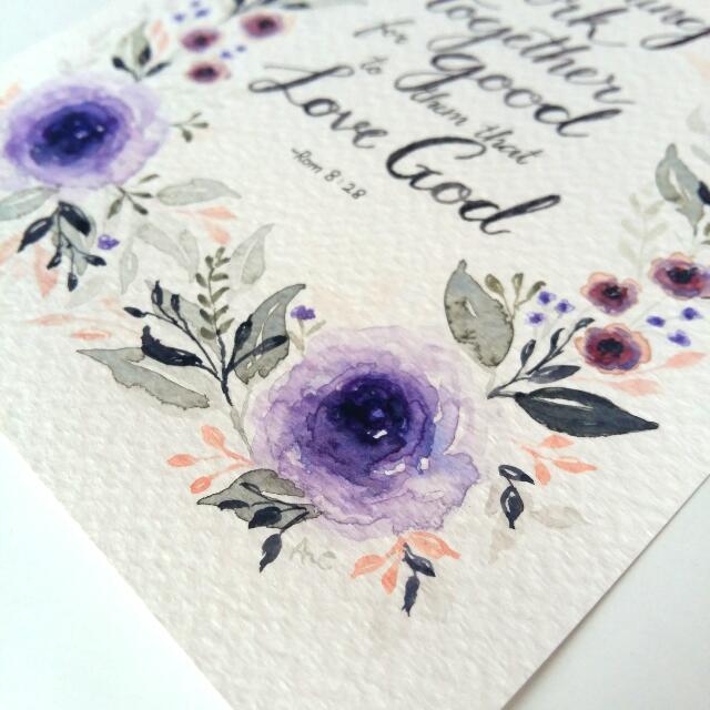 Watercolour Purple / lavender Floral Border Bible Verse Card (Rom 8:28 ...