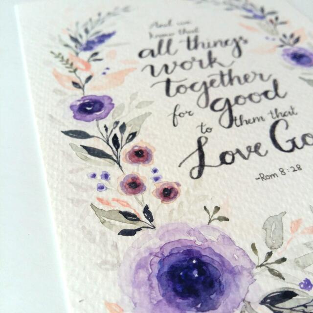 Watercolour Purple / lavender Floral Border Bible Verse Card (Rom 8:28 ...